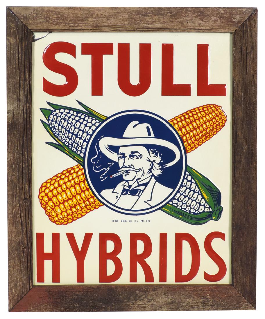 Seed corn sign, Stull Hybrids, colorful embossed metal