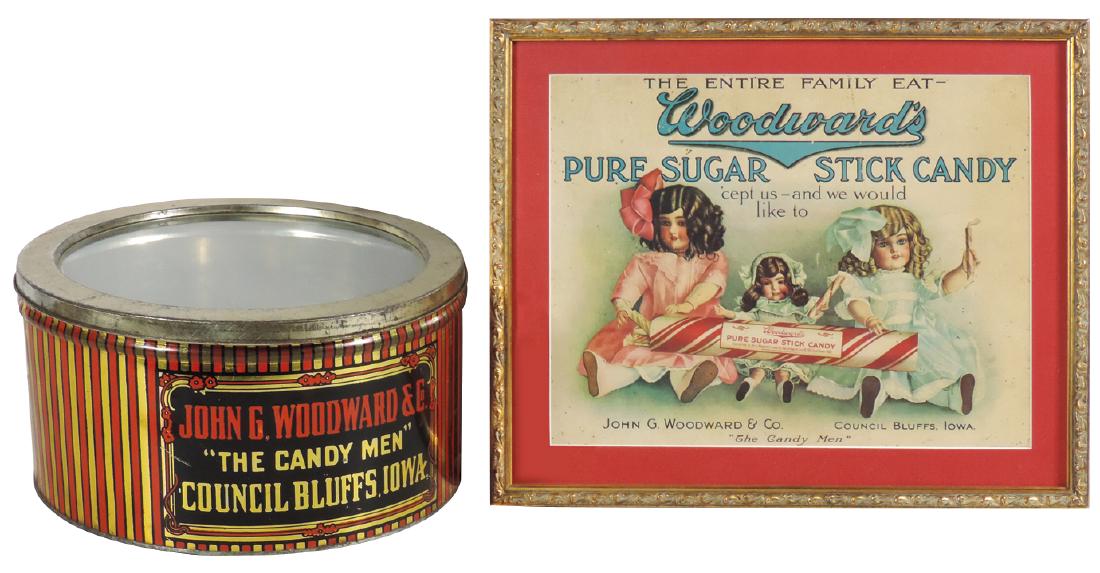 Country store candy sign & tin, John G. Woodward