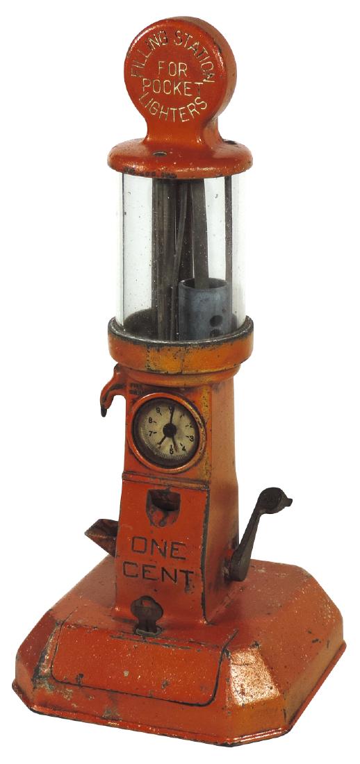 Coin-operated lighter fluid dispenser, "Filling Station