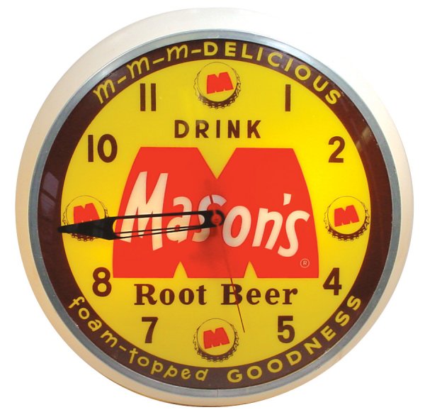 144: Mason's Root Beer light-up clock, hard plastic w/c