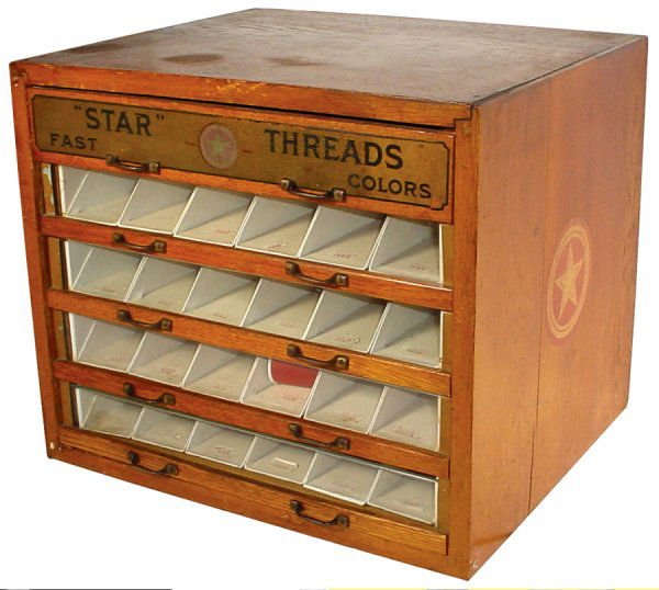 307: Thread cabinet, Star Thread, oak 5-drawer, 4 w/gla