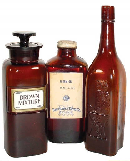 Medicine Bottles (3), Owl Drug Embossed Bottle W/