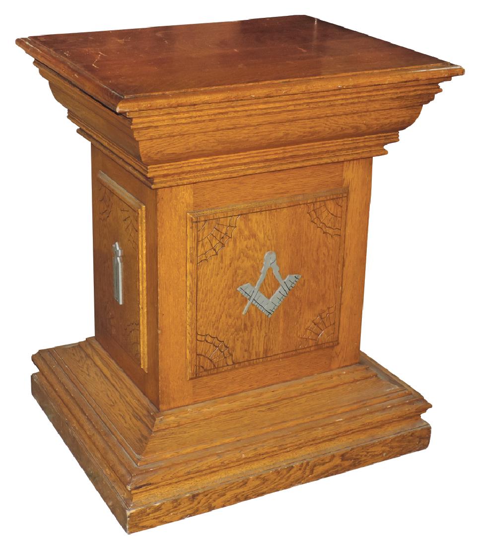 Fraternal lodge podium, oak w/Masonic emblems & spider