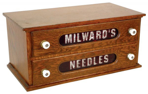 453: Needle cabinet, Milward's, oak 2 drwr case w/ruby