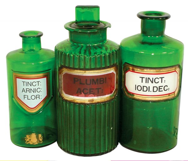 532: Drug store apothecary jars (3), emerald green glas