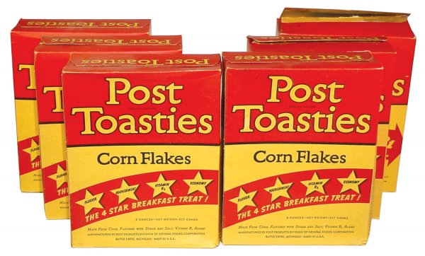 0004: Post Toasties Corn Flakes cereal boxes (6), cdbd,