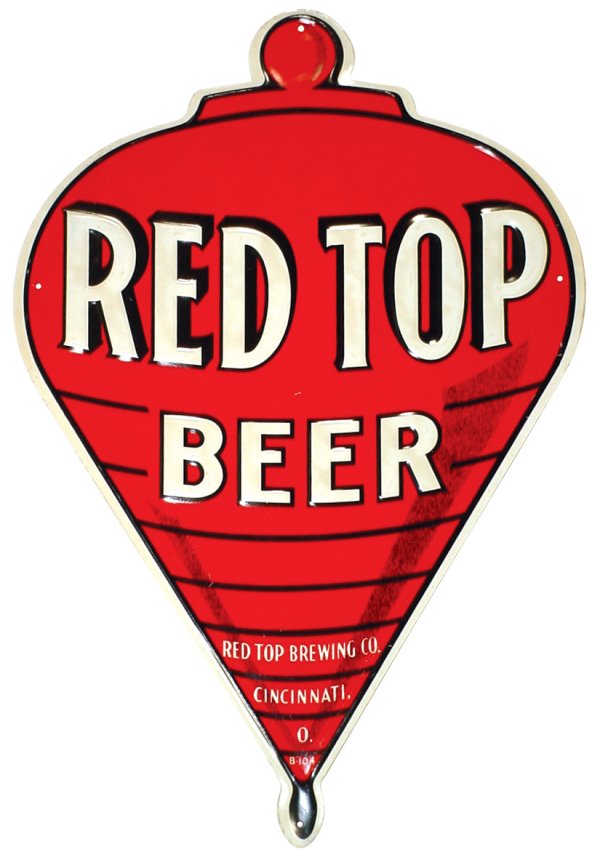 0543: Red Top Beer sign, colorful embossed diecut metal