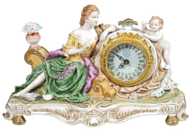 Clock, Dresden Style Figural Porcelain Mantle Clock,