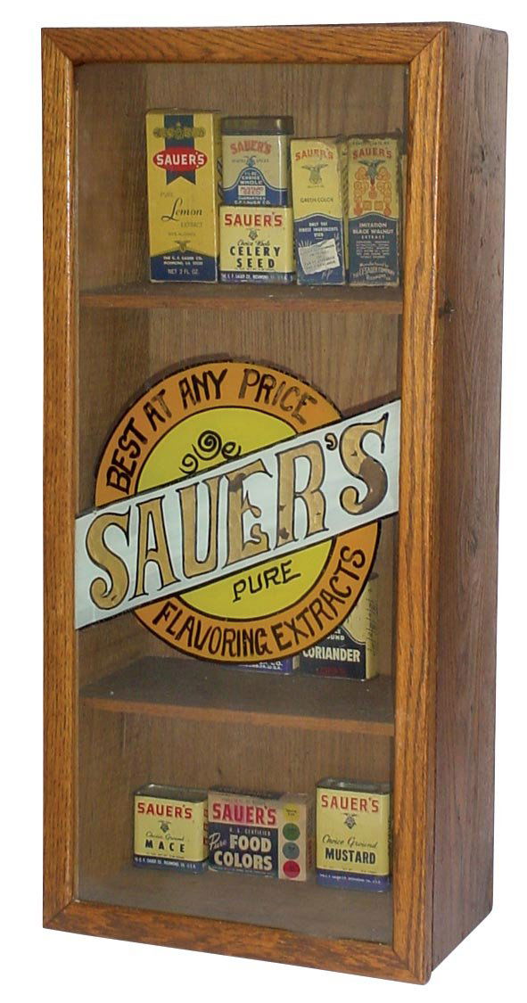 0269: Sauer's Flavoring Extracts display cabinet, oak c