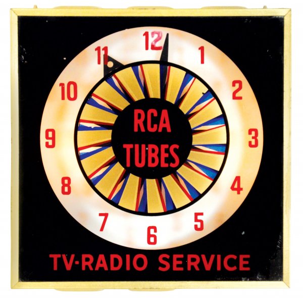 0744: RCA Tubes spinner clock, metal case w/glass face,