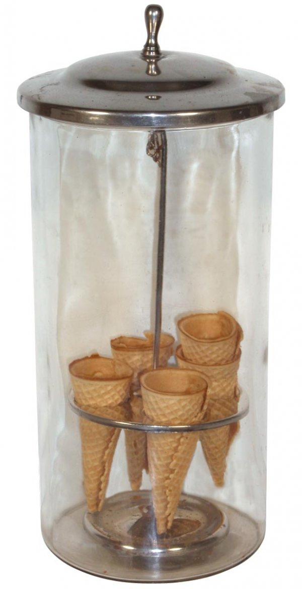 0792: Ice cream cone holder, glass w/metal lid & insert