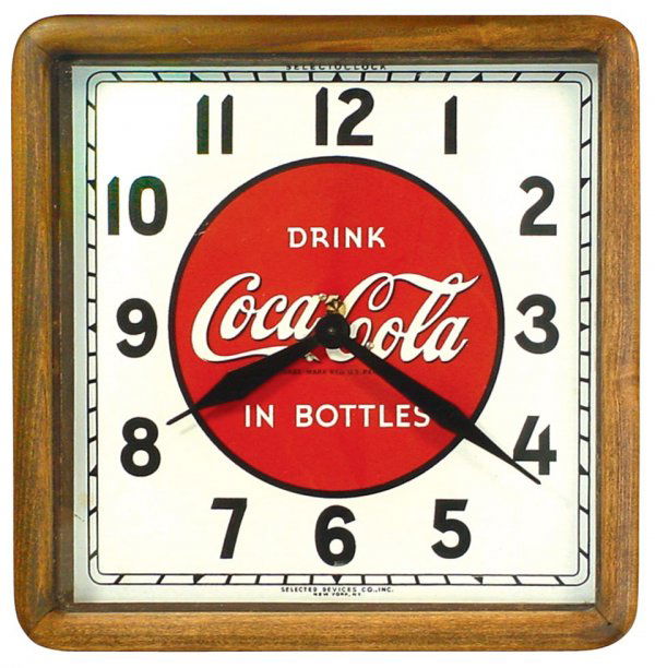 0830: Coca-Cola clock, c.1939, square clock w/wood fram