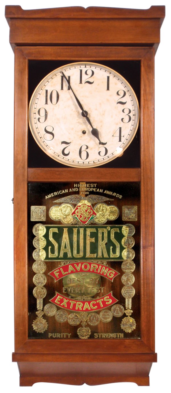 0346: Sauer's advertising regulator clock, birch case w