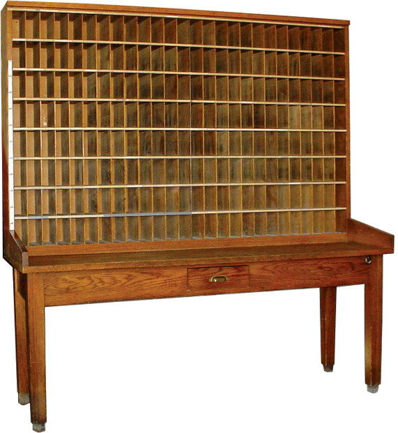1184: Oak Post Office sorting table w/208 mail cubbies