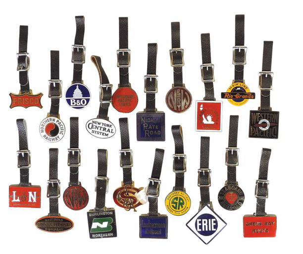Railroad Watch Fob Collection (20), enameled fobs w/leather straps for ...