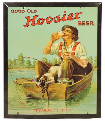 Breweriana Sign, Hoosier Beer, self-framed litho on tin of man fishing ...