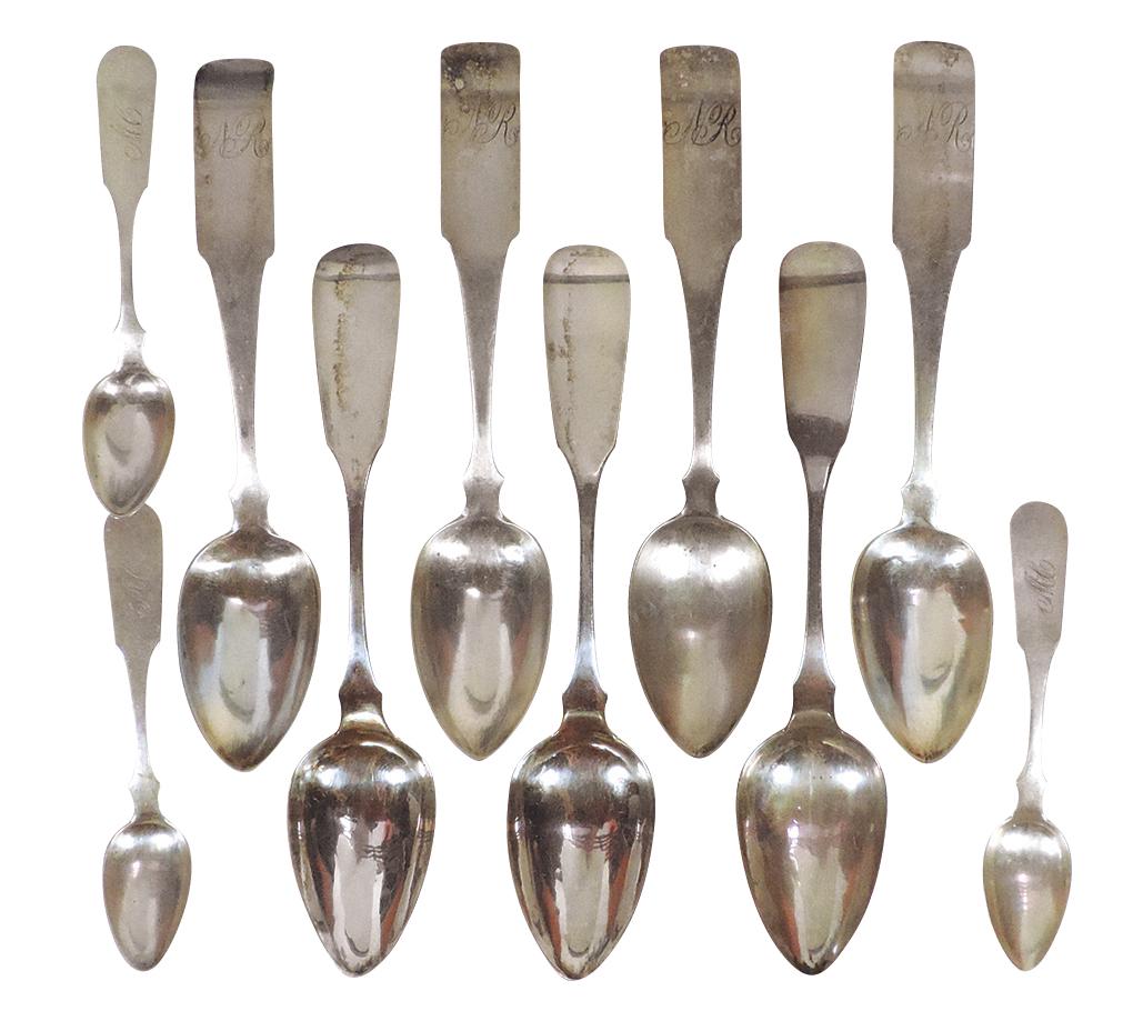 Coin Silver Flatware (10), All Mid 19th Century Fiddle Handle Teaspoons ...