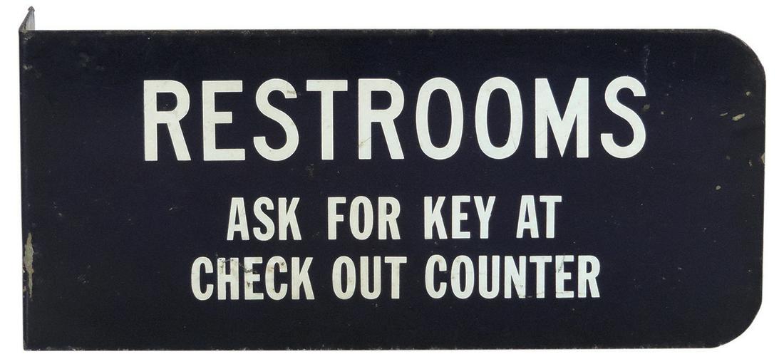 Sign, Restrooms, double-sided steel flange, one side VG, other Good, 8 ...