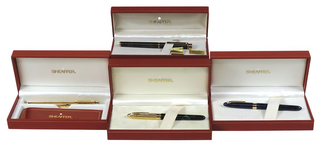 Desk Pen Set & Pens (4), Sheaffer Targa green marble & ribbed gold ...