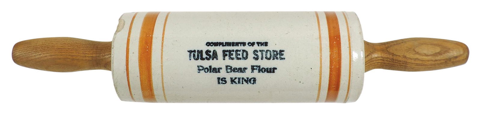 Stoneware Advertising Rolling Pin, Compliments of Tulsa Feed Store ...