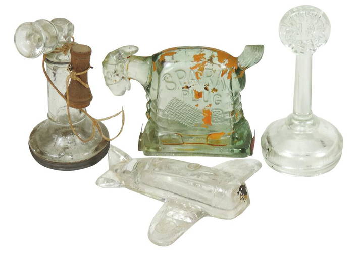Candy Containers (4), pressed glass Spark Plug, Candlestick Phone, Don ...