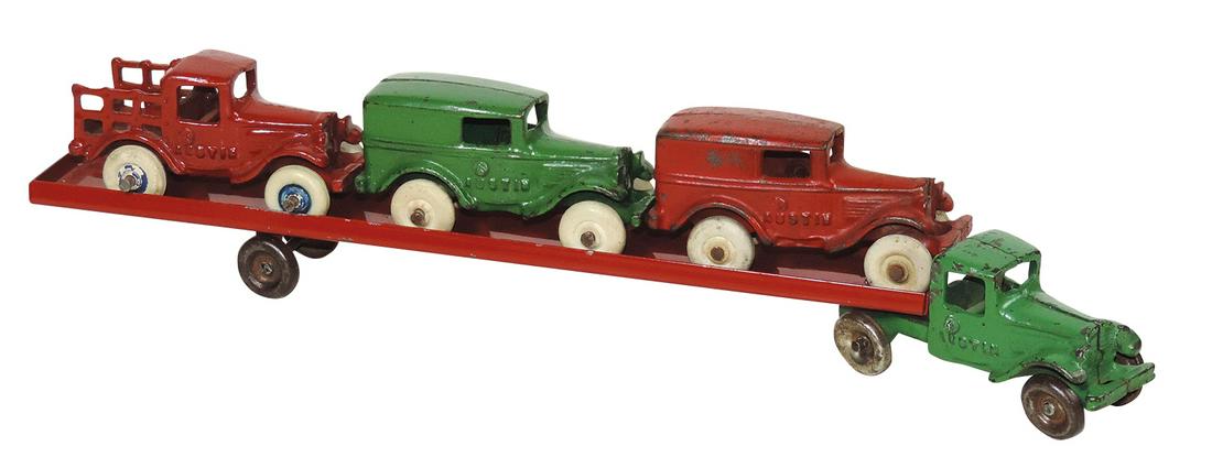 Toy Auto Transport, A.C. Williams w/Austin cars, 5-pc set, cast iron ...