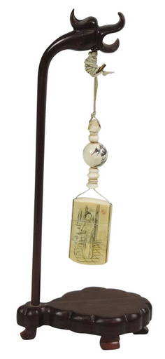 Japanese Inro, finely carved 3-section miniature w/Geisha & inscription ...