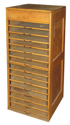 Furniture, Spool cabinet, oak w/15 glass-front drawers, single cover ...