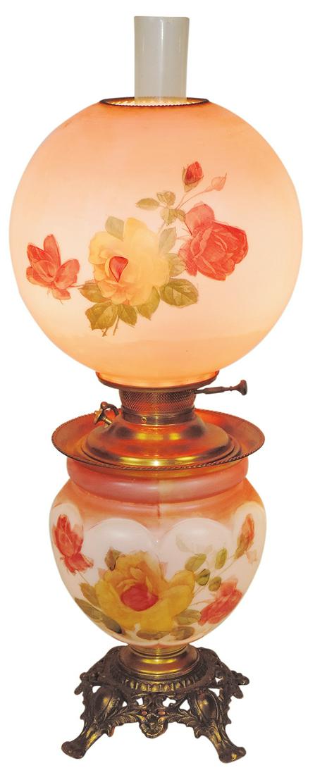 Lighting, Victorian parlor lamp, hand-painted embossed scallop base w ...