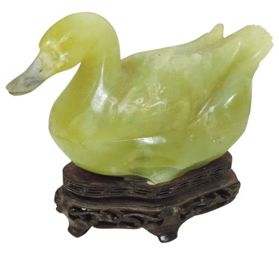 Chinese Carved Celadon Jade Duck Box, 2-pc finely carved semi ...