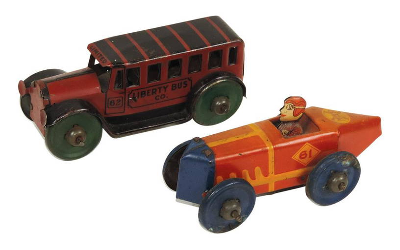 Toy Friction Vehicles (2), Marx Liberty Bus & #61 Racer, Both Litho On ...
