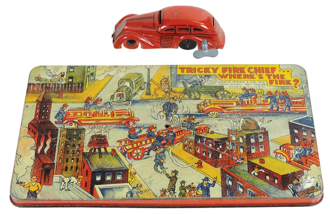 Toy Tricky Fire Chief, Marx Litho On Tin Windup Car & Platform, Car Exc ...
