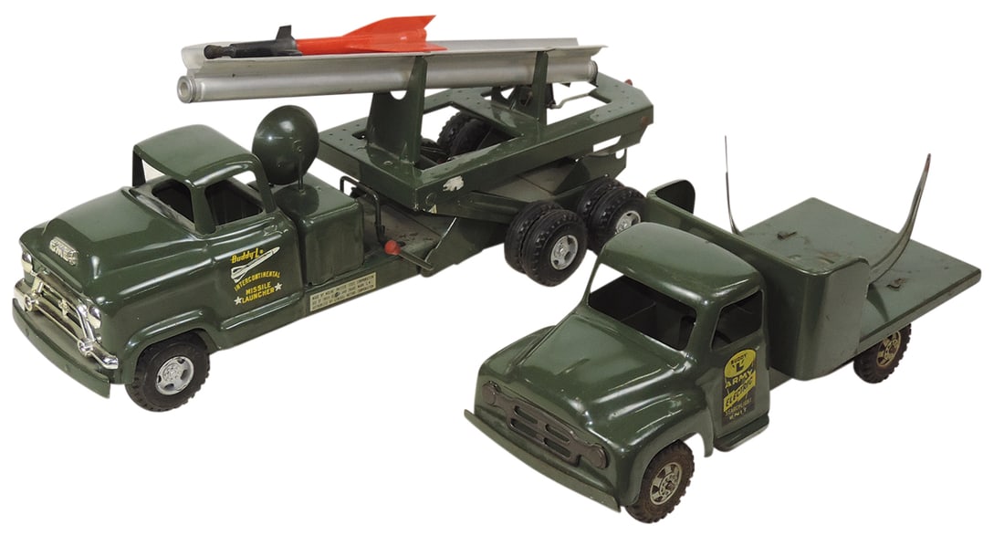 Toy Buddy L Army Trucks (2), Missile Launcher & Searchlight Unit, Mfgd ...
