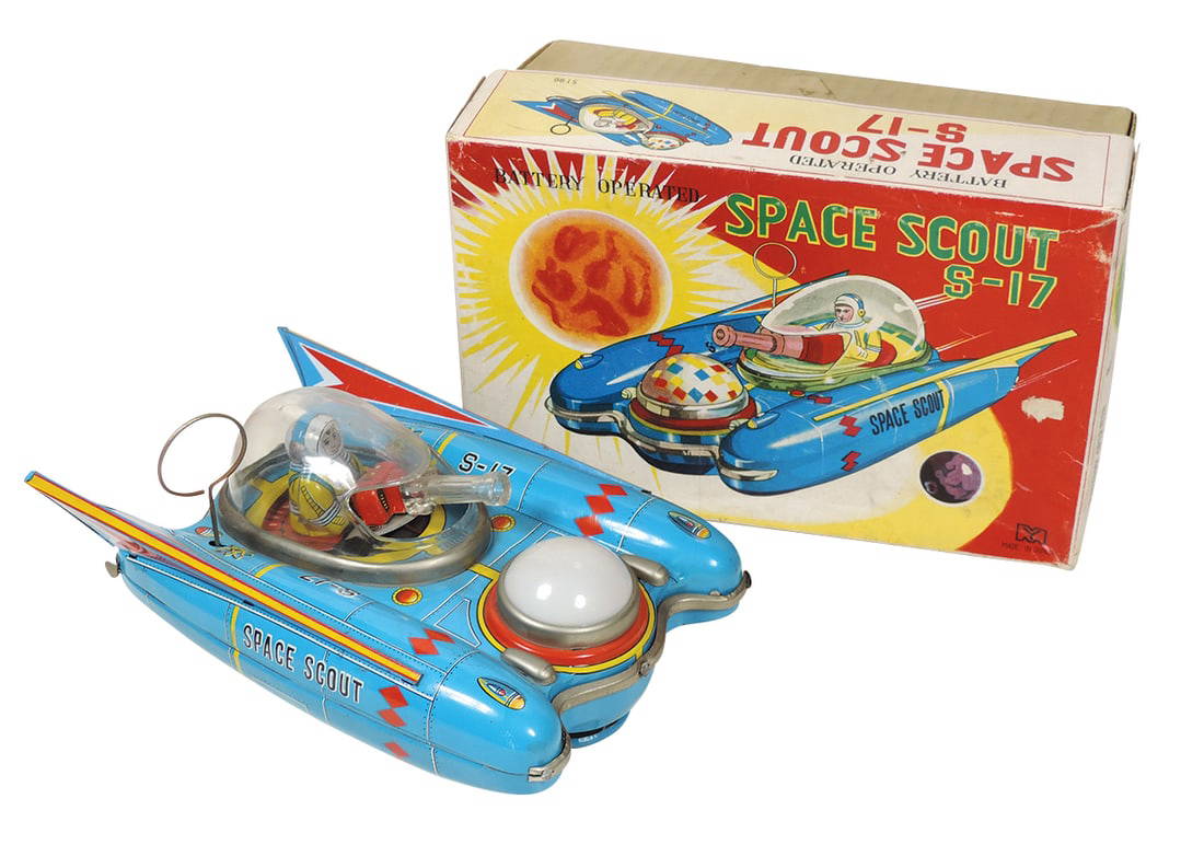 Toy Space Scout S-17, Yanoman B-o Spaceship W/orig Box, Metal W/plastic Domes, Exc Cosmetic Cond ...