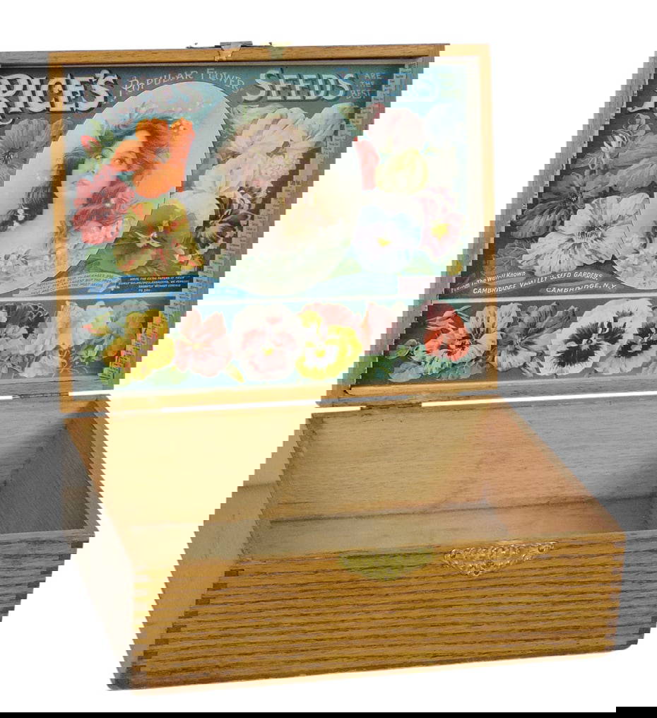 Country Store Seed Box, Rice's Seeds, Oak W/paper Label Under Lid, Exc ...