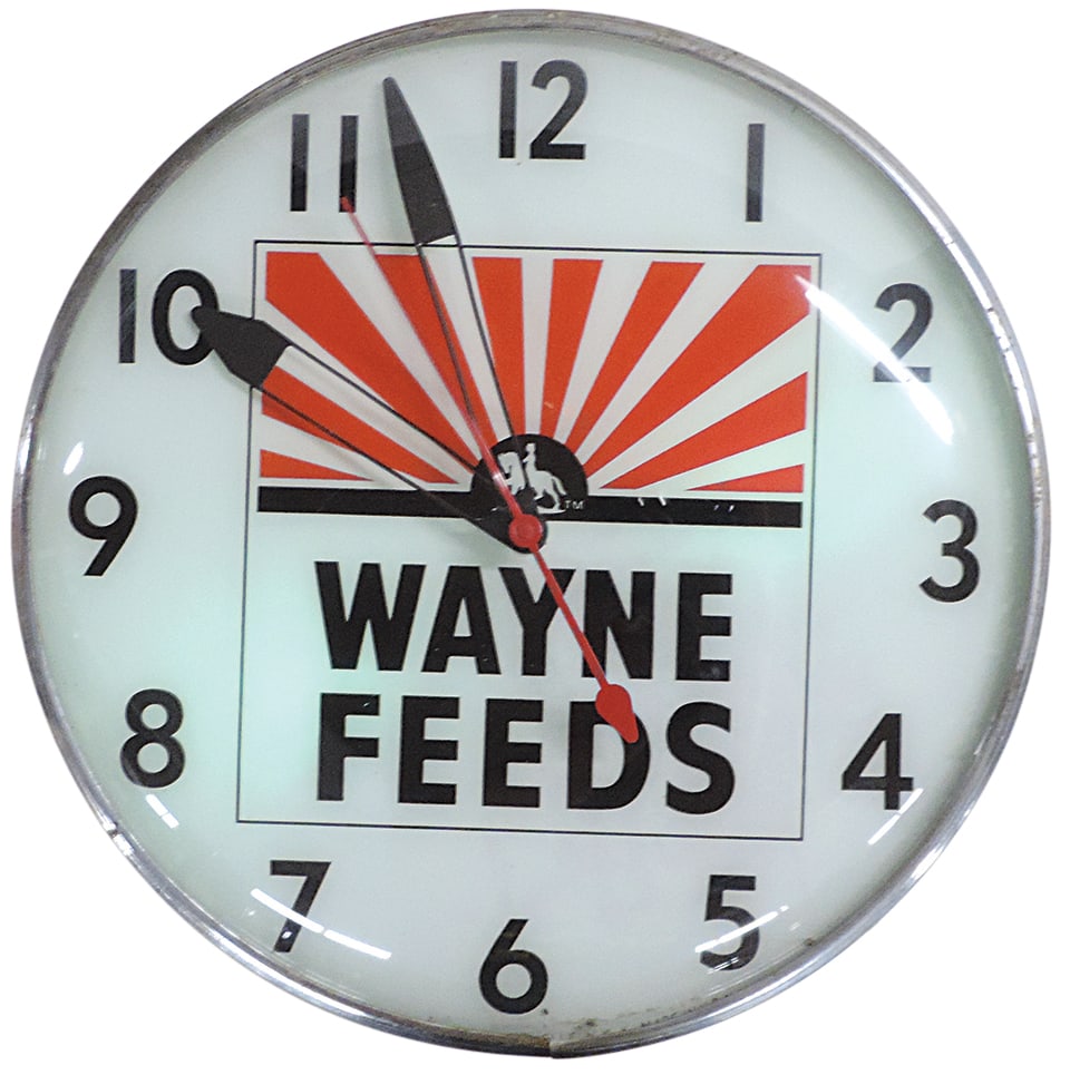 Feed Store Clock, Wayne Feeds, Mfgd By Pam Clock Co., Aluminum Lightup W/bubble Glass Lens, Exc ...
