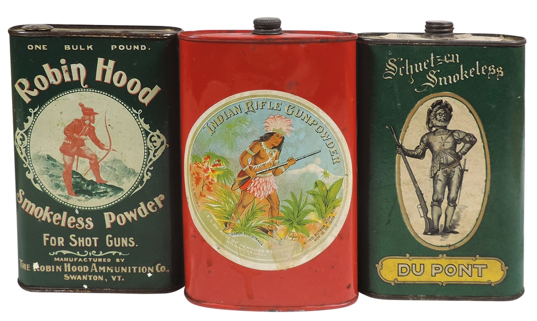 Gunpowder Cans (3), Indian Rifle W/paper Labels Front & Back, Schuetzen ...