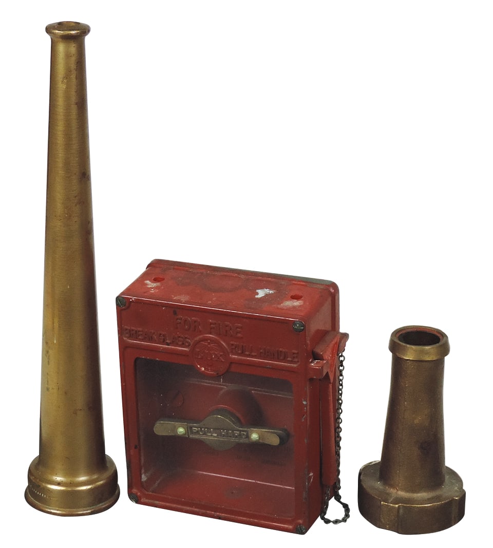 Fire Department Nozzles & Signal Box (3), 2 Brass Hose Nozzles (1 ...