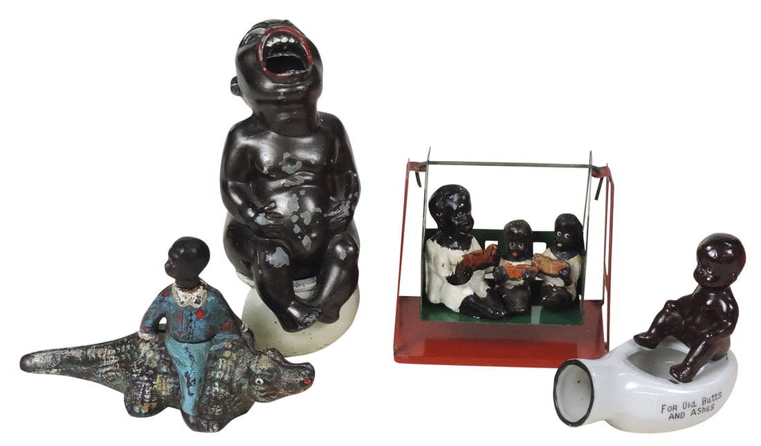 Black Americana Novelties (4), Cast Iron Boy On Alligator, Cast Metal ...