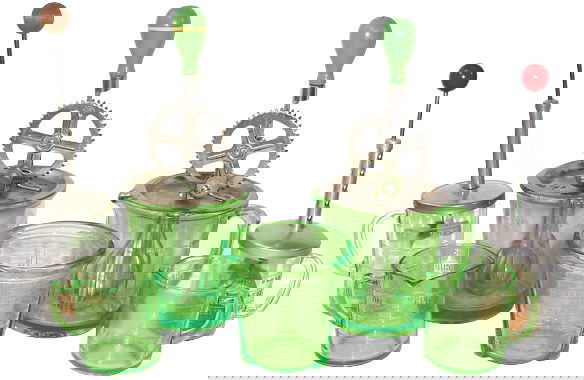 30: Green glass beater jars (3), 2 w/whips, 1 qt. marke