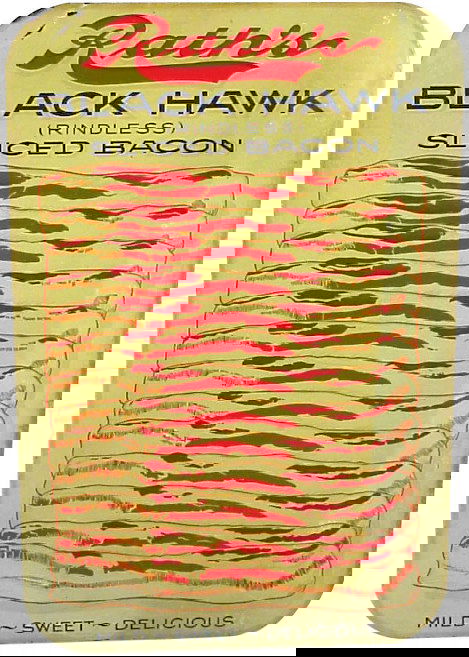 73: Rath's Black Hawk Sliced Bacon litho on tin sign, c