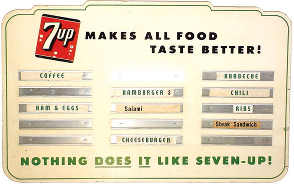 1205: 7up menu board, wood w/metal menu strips (one mis