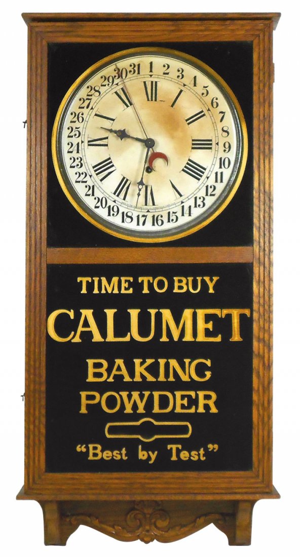 0107: Calumet Baking Powder clock, wall regulator, Sess