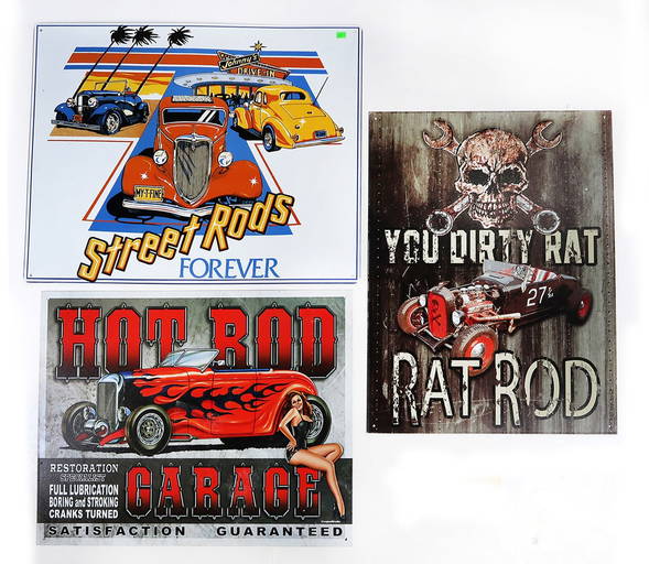Hot Rod Garage Signs (3), Tin Litho W/interesting Graphics Incl An Embossed