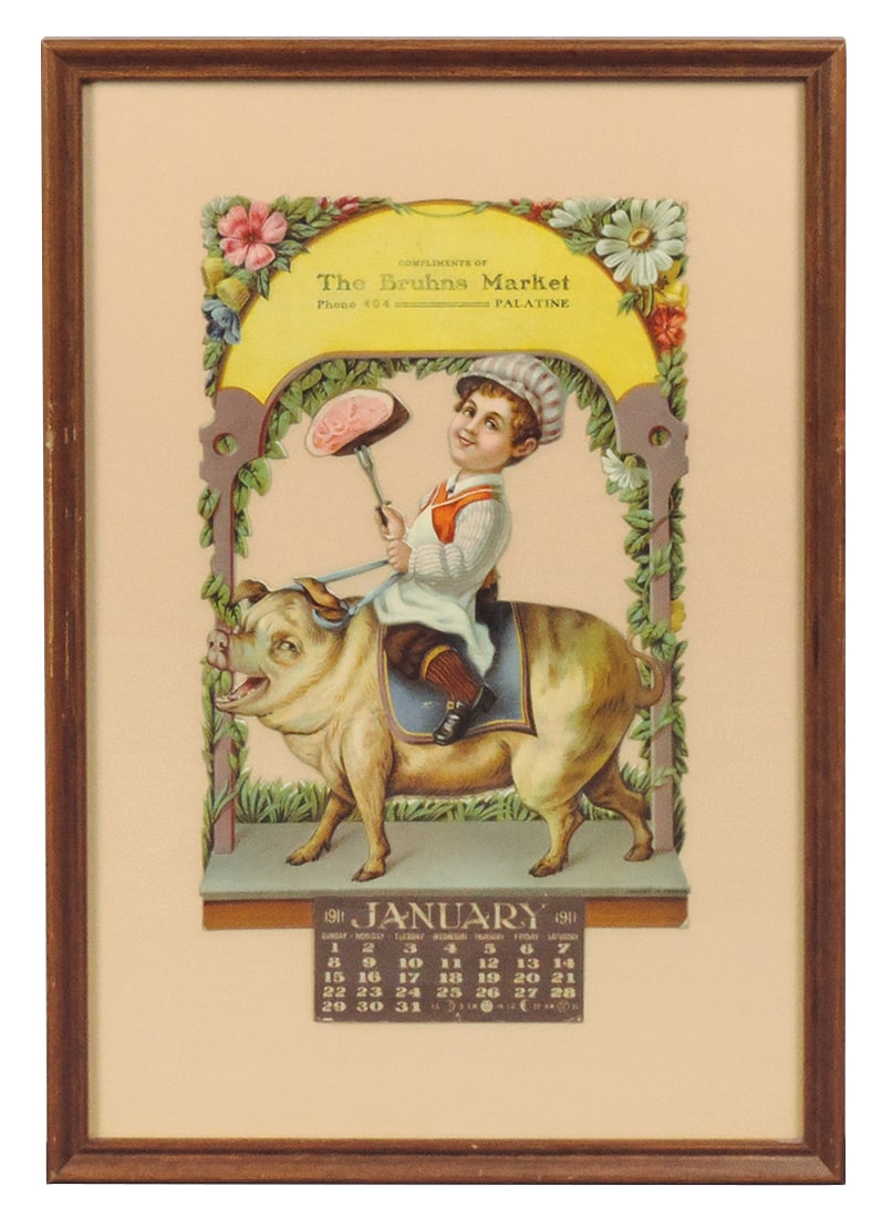 Meat Market Calendar, 1911 Litho On Cdbd Diecut Of Young Boy Riding Pig ...