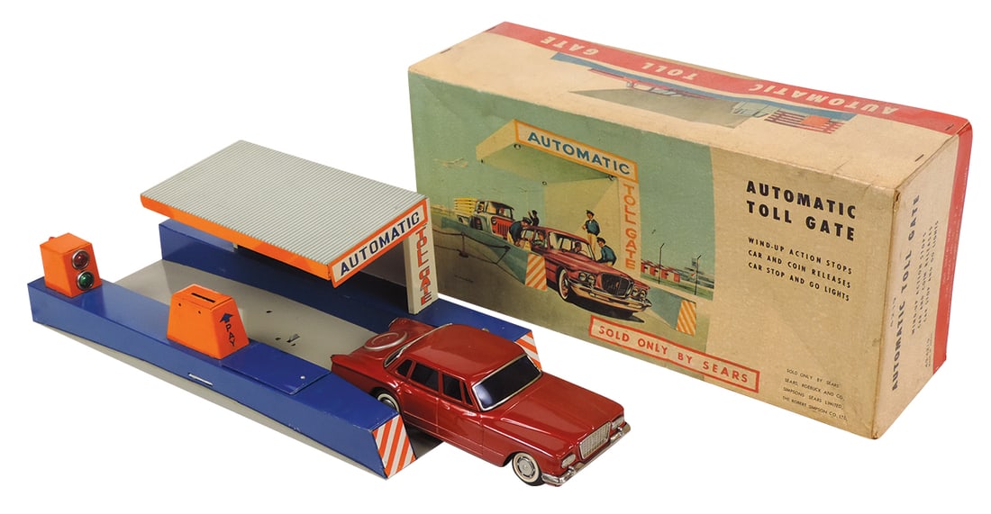 Toy Automatic Toll Gate, Litho On Tin Battery Op W/windup Plymouth ...
