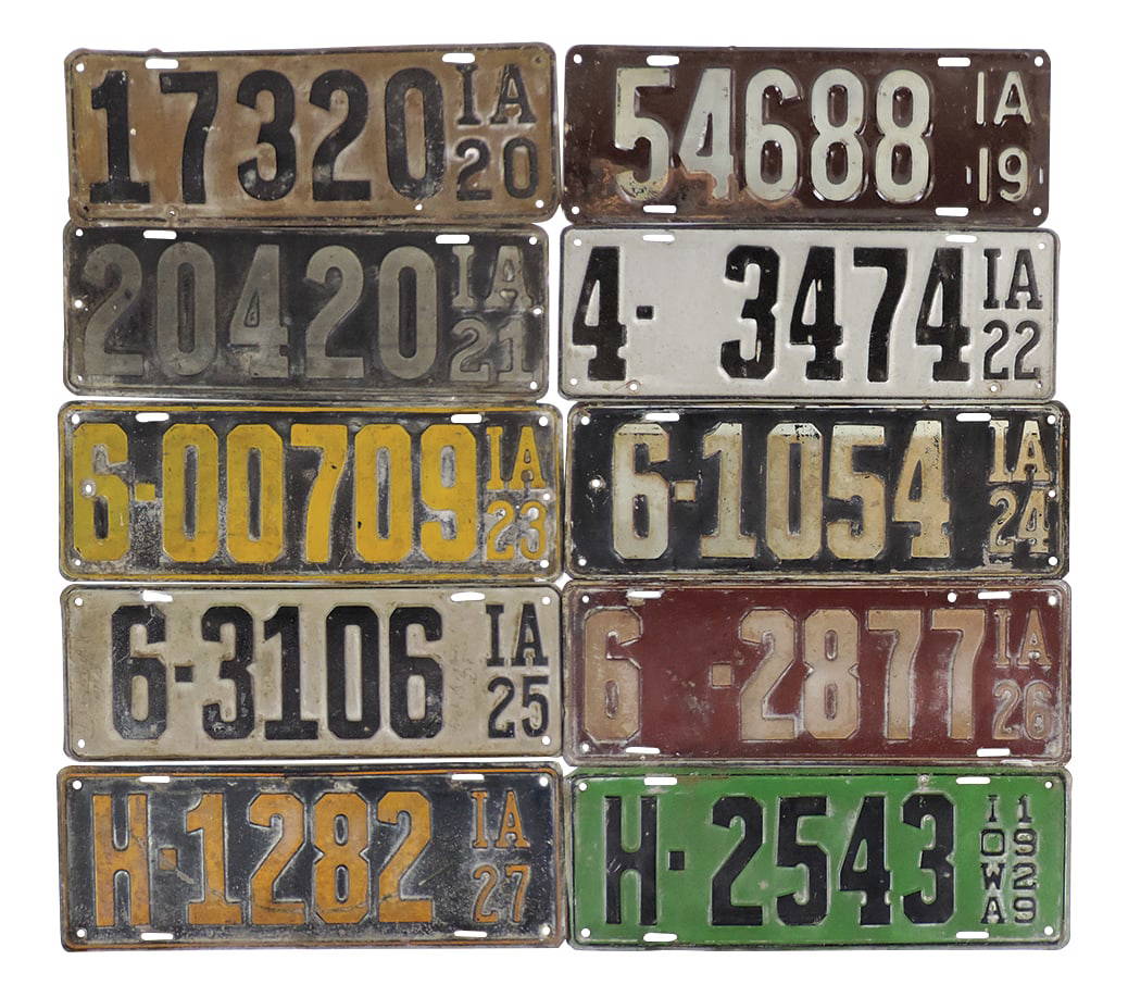 License Plates (10), All Iowa Singles For 1919-1929 ('28-absent ...