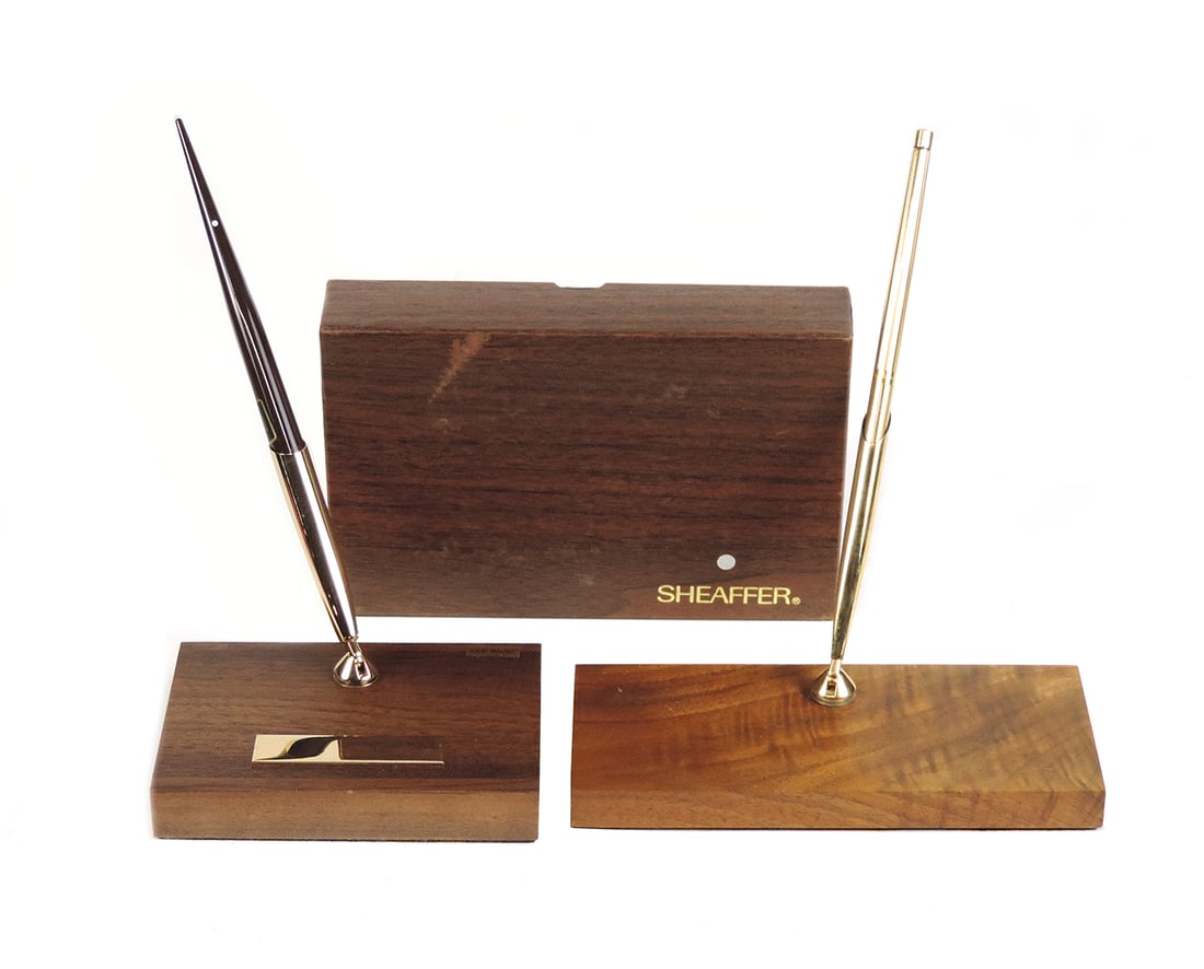 2 Sheaffer Desk Sets With Walnut Bases, With White Dot Ballpoints, Incl ...
