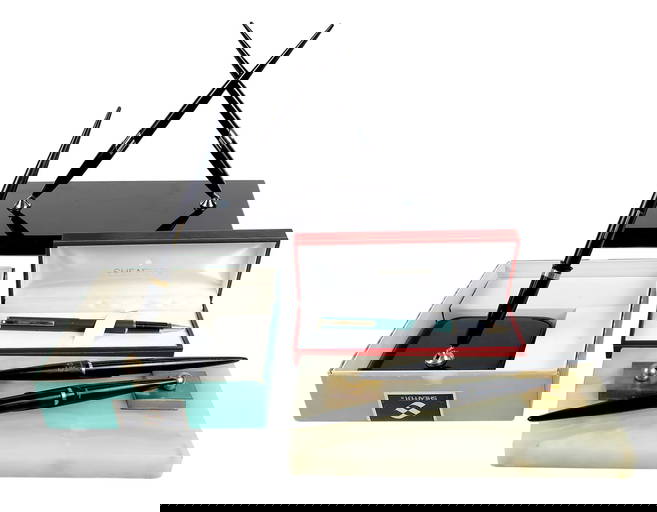 6 Parker & Sheaffer Pens & Desk Sets, Pair Non White Dot Inlaid V Stainless