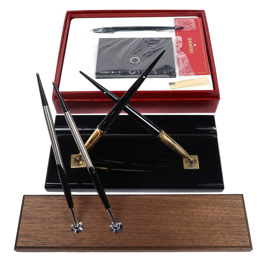 3 Sheaffer & Parker Desk Sets, A White Dot Nos Ballpoint W/blk Stand In ...